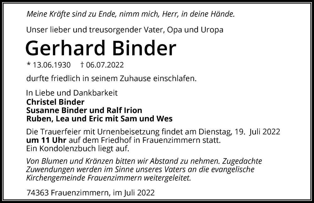 Traueranzeigen von Gerhard Binder | www.trauerundgedenken.de