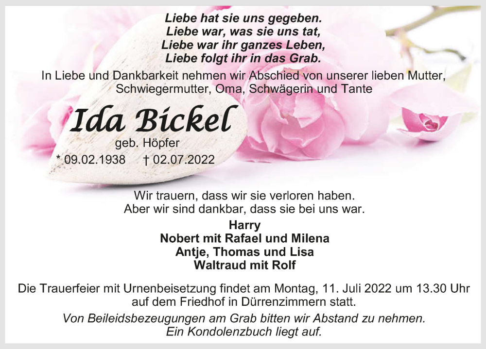 Traueranzeigen von Ida Bickel | www.trauerundgedenken.de