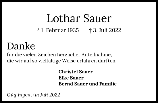 Traueranzeigen von Lothar Sauer | www.trauerundgedenken.de