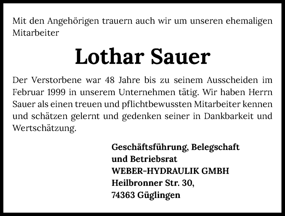 Traueranzeigen von Lothar Sauer | www.trauerundgedenken.de