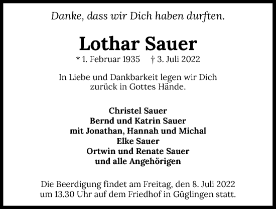 Traueranzeigen von Lothar Sauer | www.trauerundgedenken.de