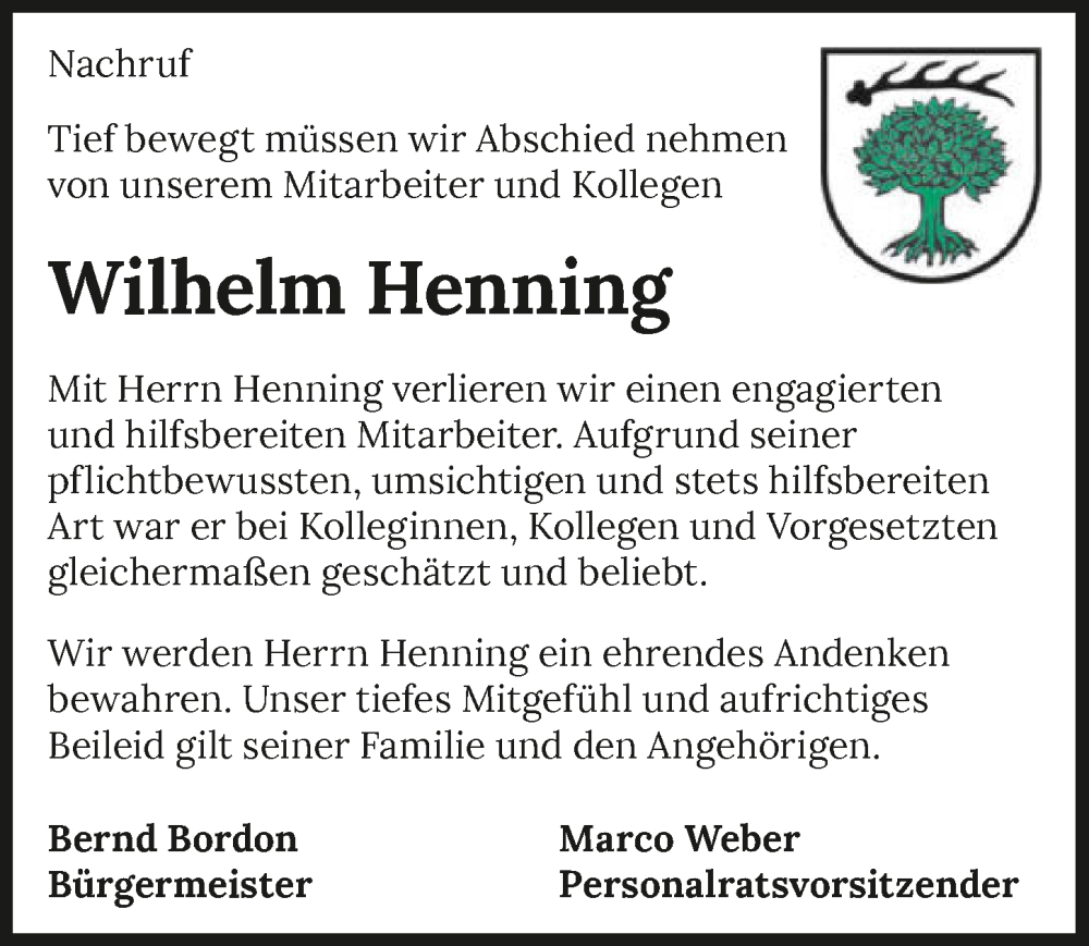 Traueranzeigen von Wilhelm Henning | www.trauerundgedenken.de