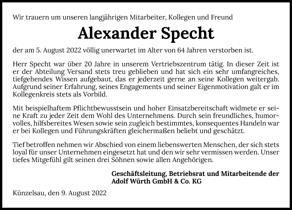 Traueranzeigen von Alexander Specht | www.trauerundgedenken.de