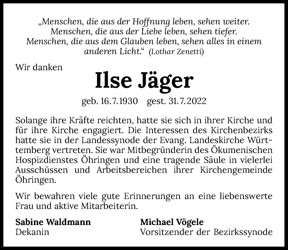 Traueranzeigen von Ilse Jäger | www.trauerundgedenken.de