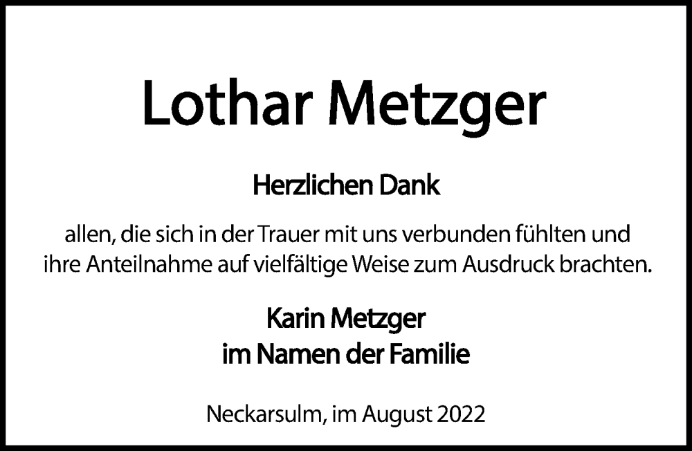 Traueranzeigen von Lothar Metzger | www.trauerundgedenken.de
