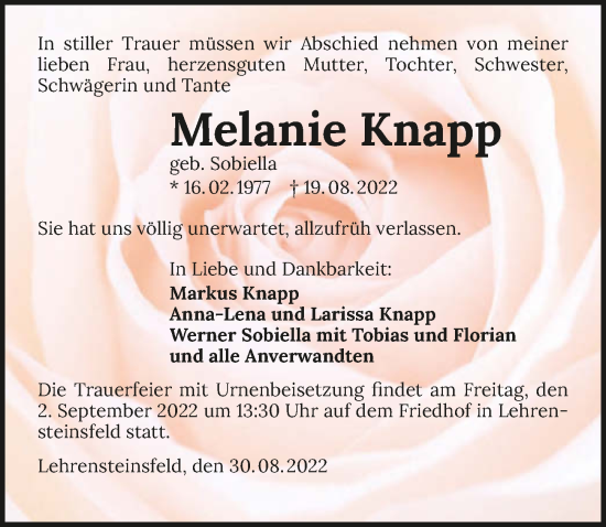 Traueranzeigen von Melanie Knapp | www.trauerundgedenken.de