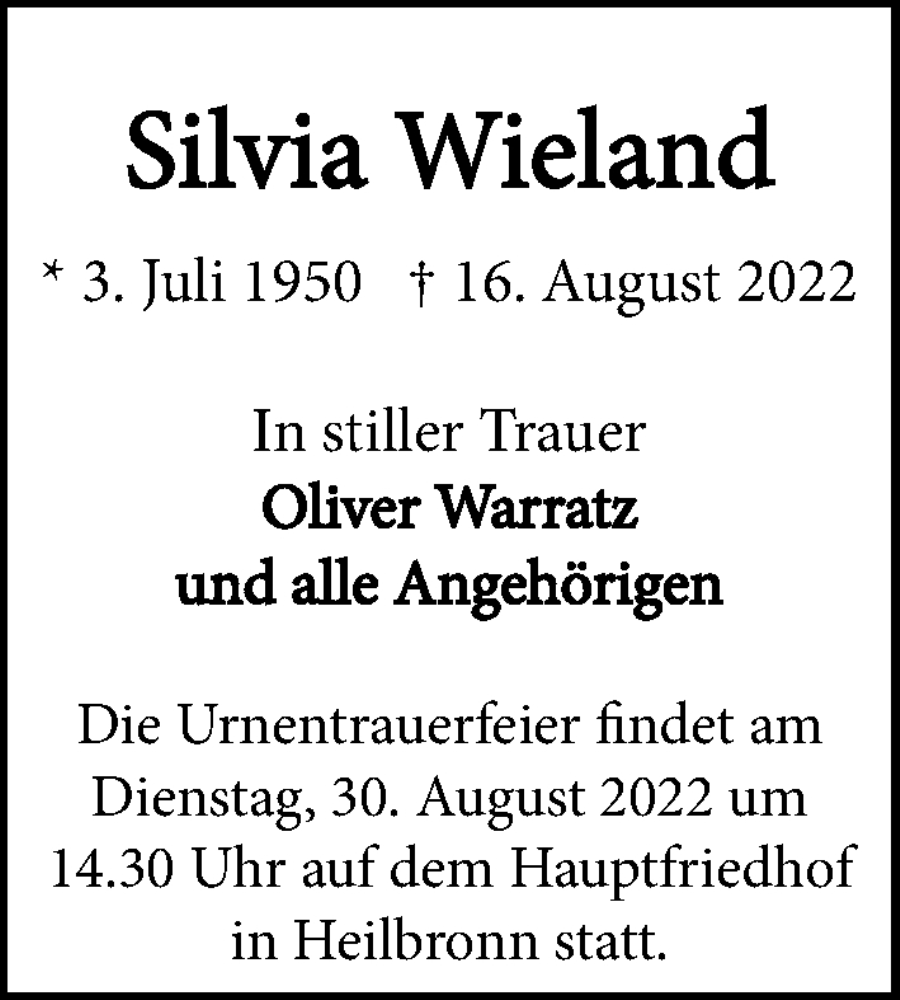 Traueranzeigen von Silvia Wieland | www.trauerundgedenken.de