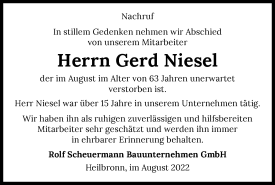 Traueranzeigen von Gerd Niesel | www.trauerundgedenken.de