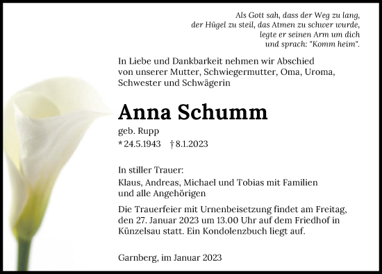 Traueranzeigen von Anna Schumm | www.trauerundgedenken.de