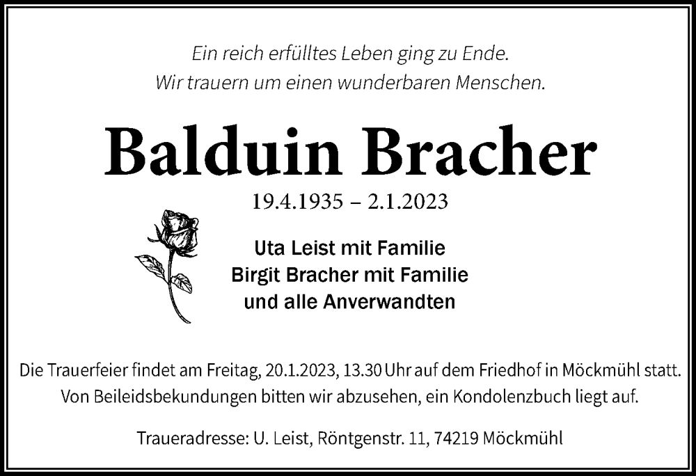 Traueranzeigen von Balduin Bracher | www.trauerundgedenken.de
