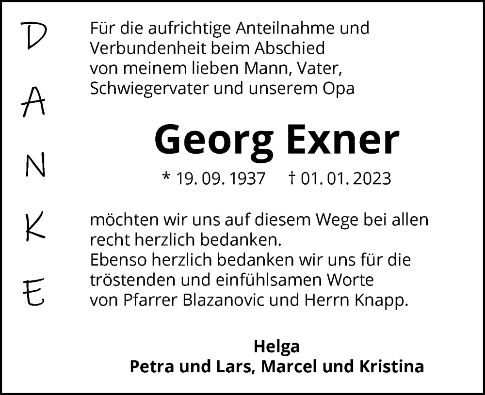 Traueranzeigen von Georg Exner | www.trauerundgedenken.de