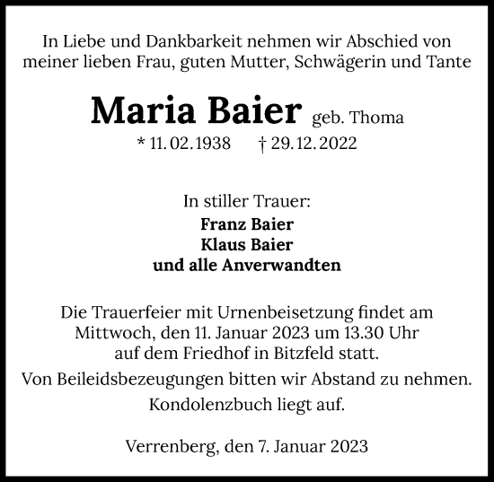 Traueranzeigen von Maria Baier | www.trauerundgedenken.de