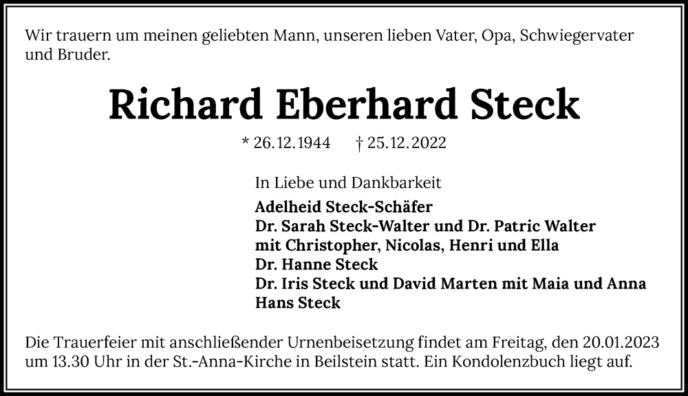 Traueranzeigen von Richard Eberhard Steck | www.trauerundgedenken.de