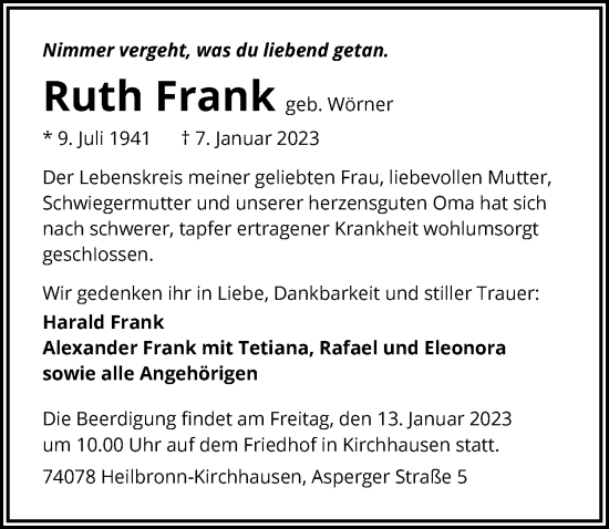 Traueranzeigen von Ruth Frank | www.trauerundgedenken.de