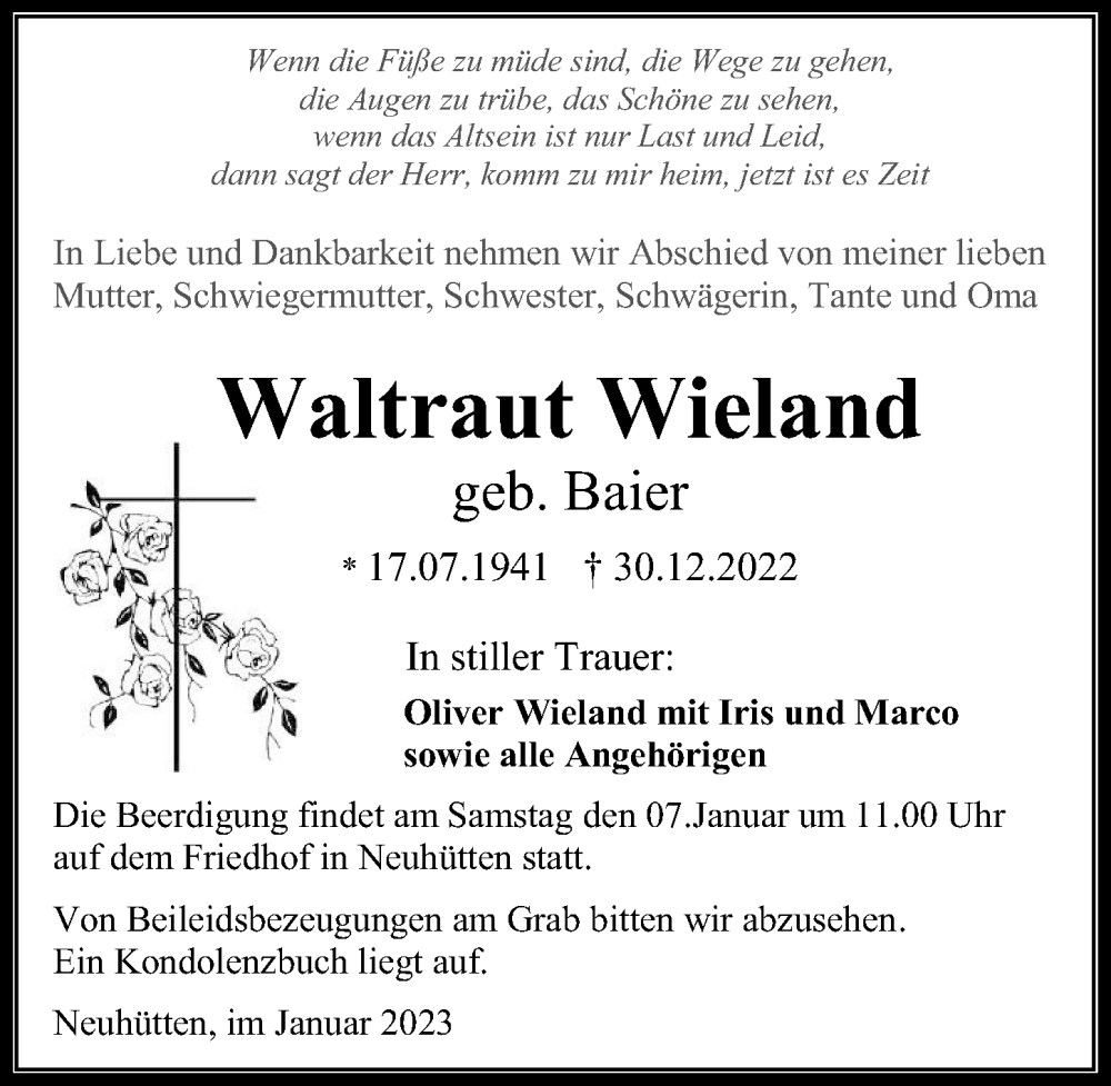 Traueranzeigen von Waltraut Wieland | www.trauerundgedenken.de