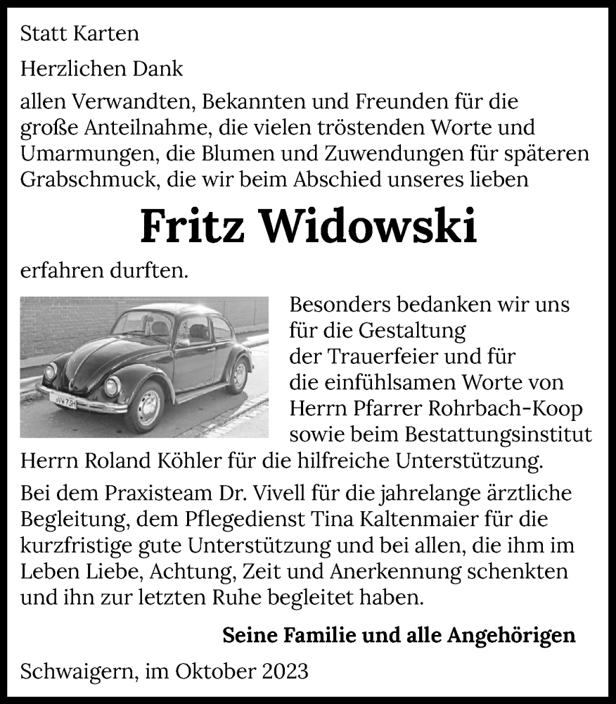 Traueranzeigen von Fritz Widowski | www.trauerundgedenken.de