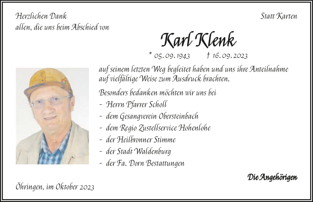 Traueranzeigen von Karl Klenk | www.trauerundgedenken.de