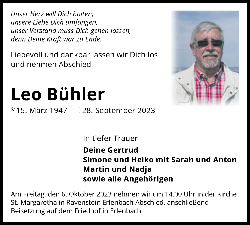 Traueranzeigen von Leo Bühler | www.trauerundgedenken.de