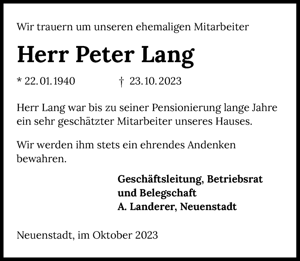 Traueranzeigen von Peter Lang | www.trauerundgedenken.de