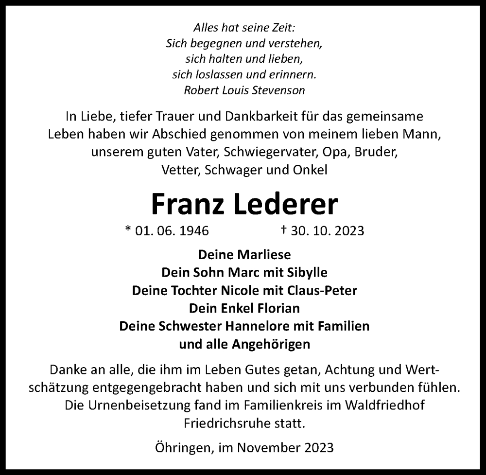 Traueranzeigen von Franz Lederer | www.trauerundgedenken.de