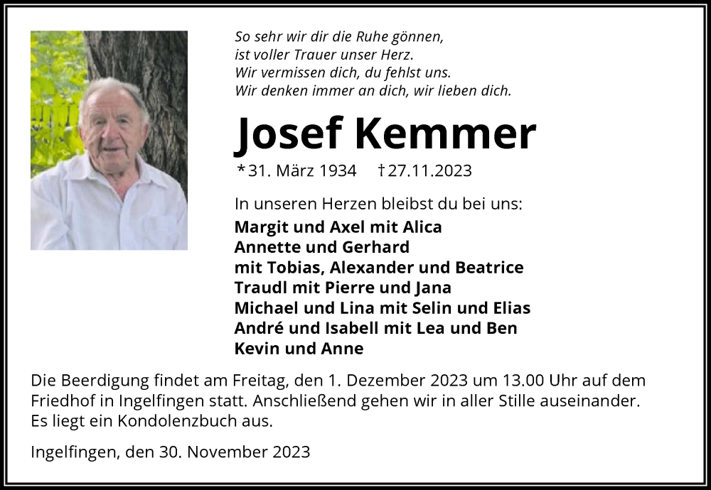 Traueranzeigen von Josef Kemmer | www.trauerundgedenken.de