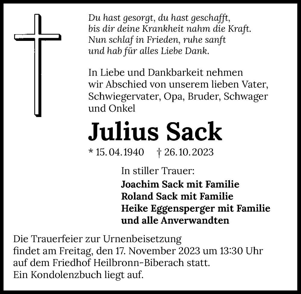 Traueranzeigen von Julius Sack | www.trauerundgedenken.de