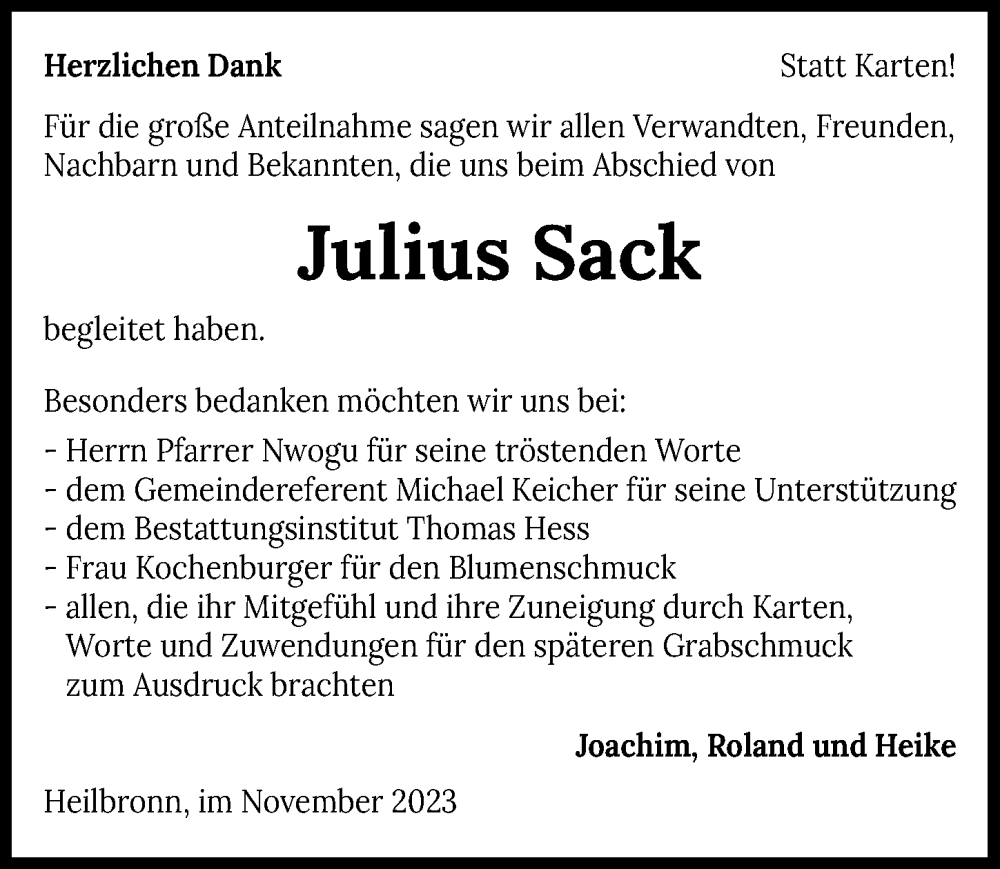 Traueranzeigen von Julius Sack | www.trauerundgedenken.de