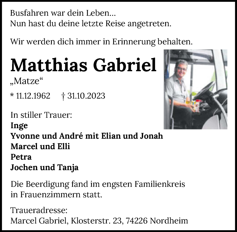 Traueranzeigen von Matthias Gabriel | www.trauerundgedenken.de