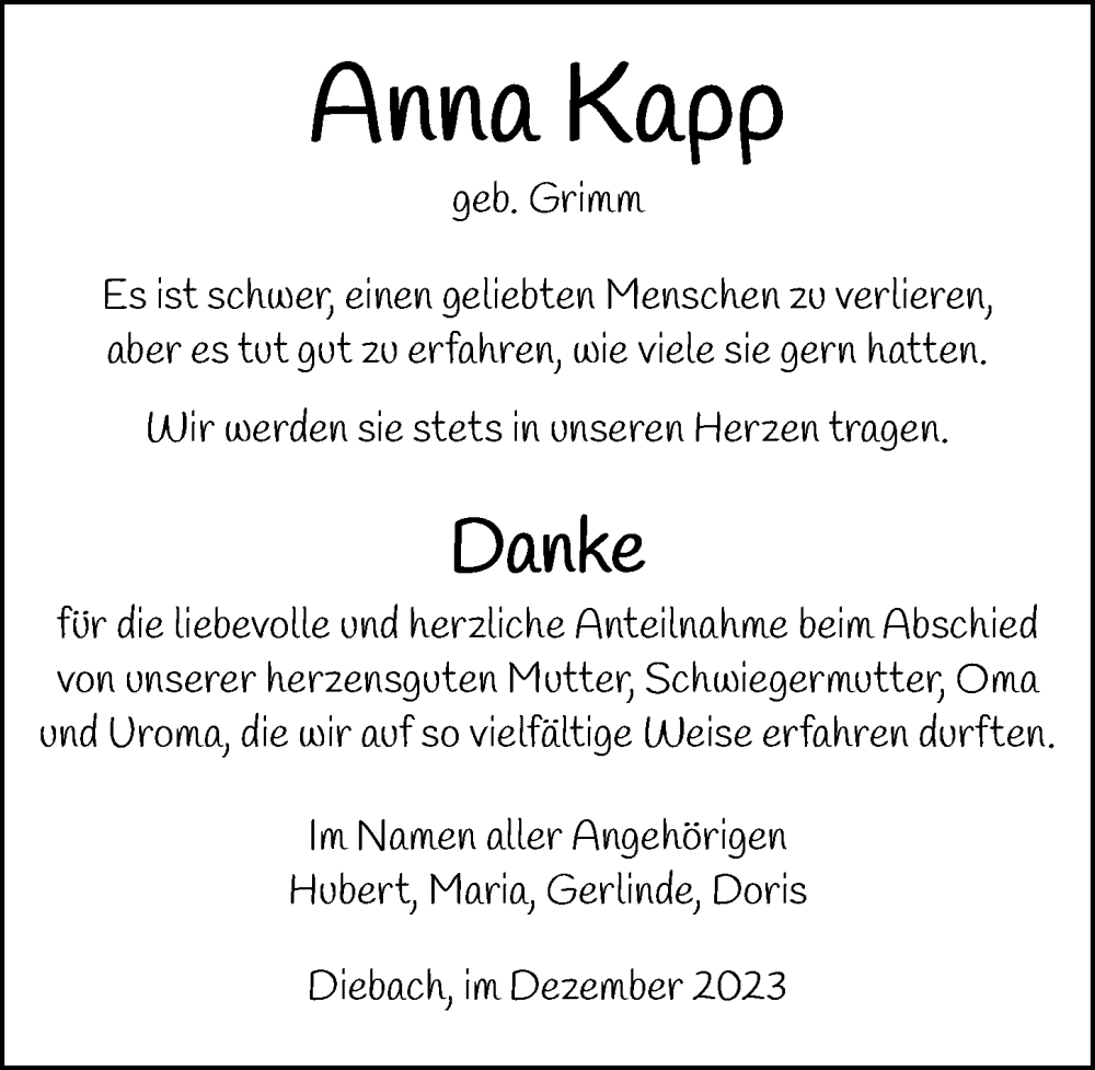 Traueranzeigen von Anna Kapp | www.trauerundgedenken.de