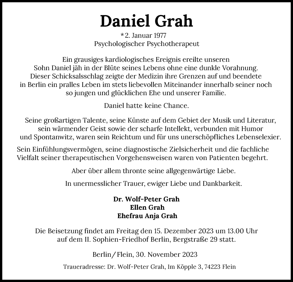 Traueranzeigen von Daniel Grah | www.trauerundgedenken.de