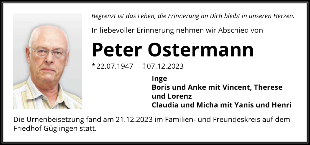 Traueranzeigen von Peter Ostermann | www.trauerundgedenken.de