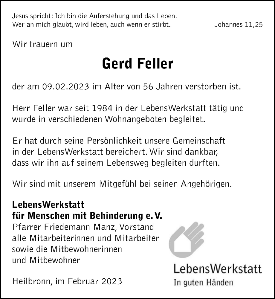 Traueranzeigen von Gerd Feller | www.trauerundgedenken.de