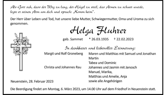 Traueranzeigen von Helga Fluhrer | www.trauerundgedenken.de