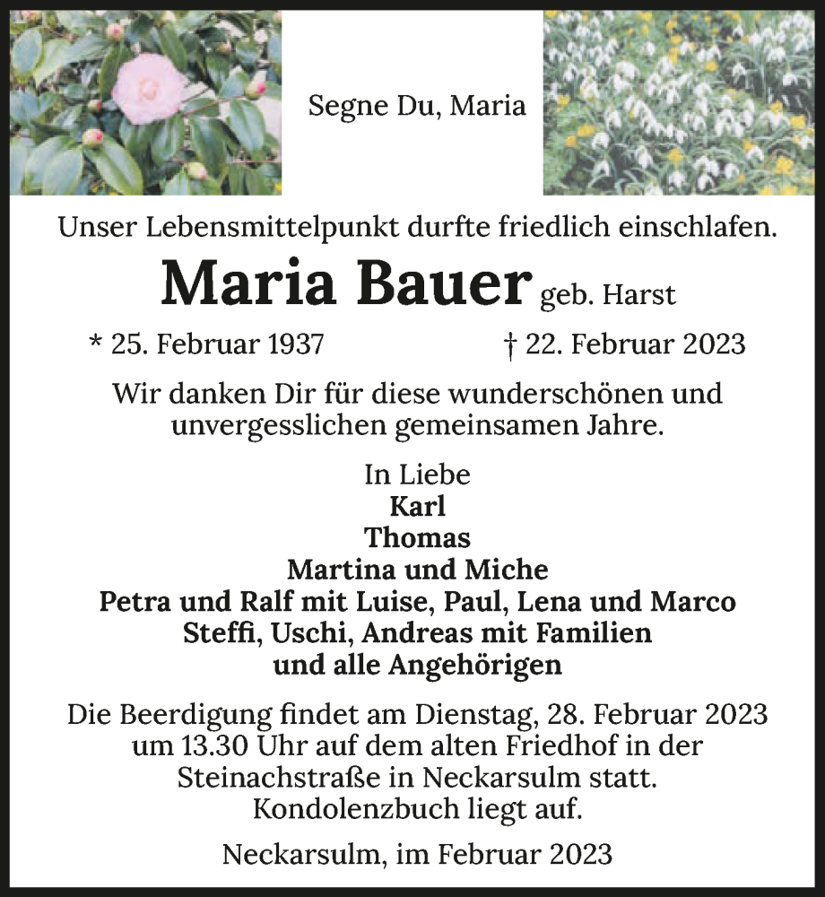 Traueranzeigen von Maria Bauer | www.trauerundgedenken.de