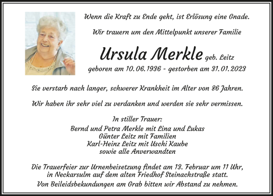 Traueranzeigen von Ursula Merkle | www.trauerundgedenken.de