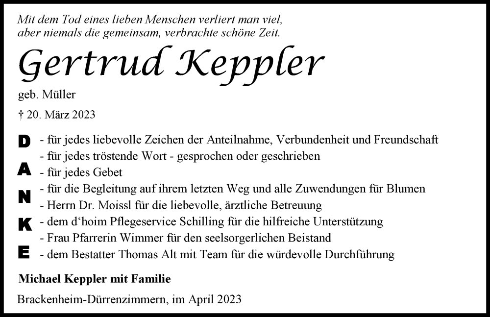 Traueranzeigen von Gertrud Keppler | www.trauerundgedenken.de