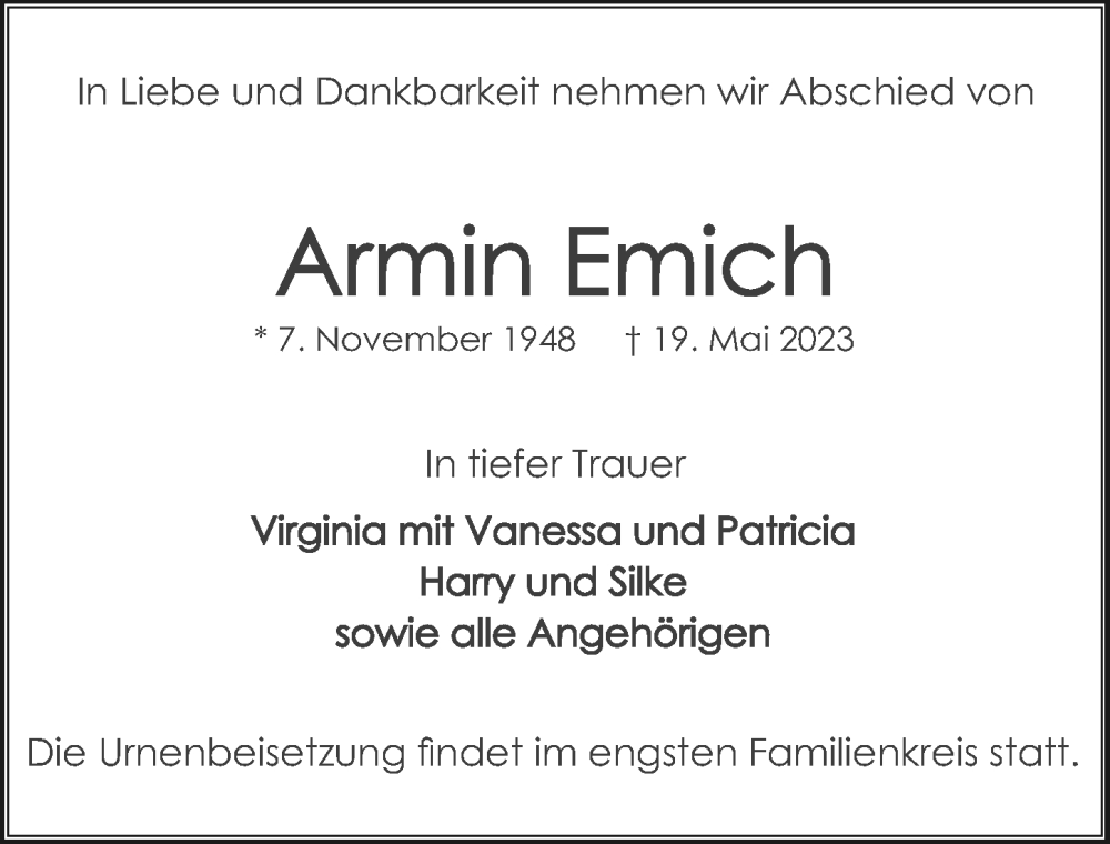 Traueranzeigen von Armin Emich | www.trauerundgedenken.de