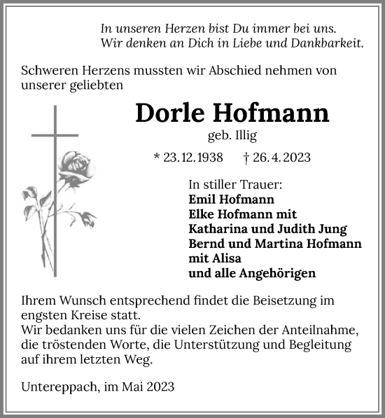 Traueranzeigen von Dorle Hofmann | www.trauerundgedenken.de