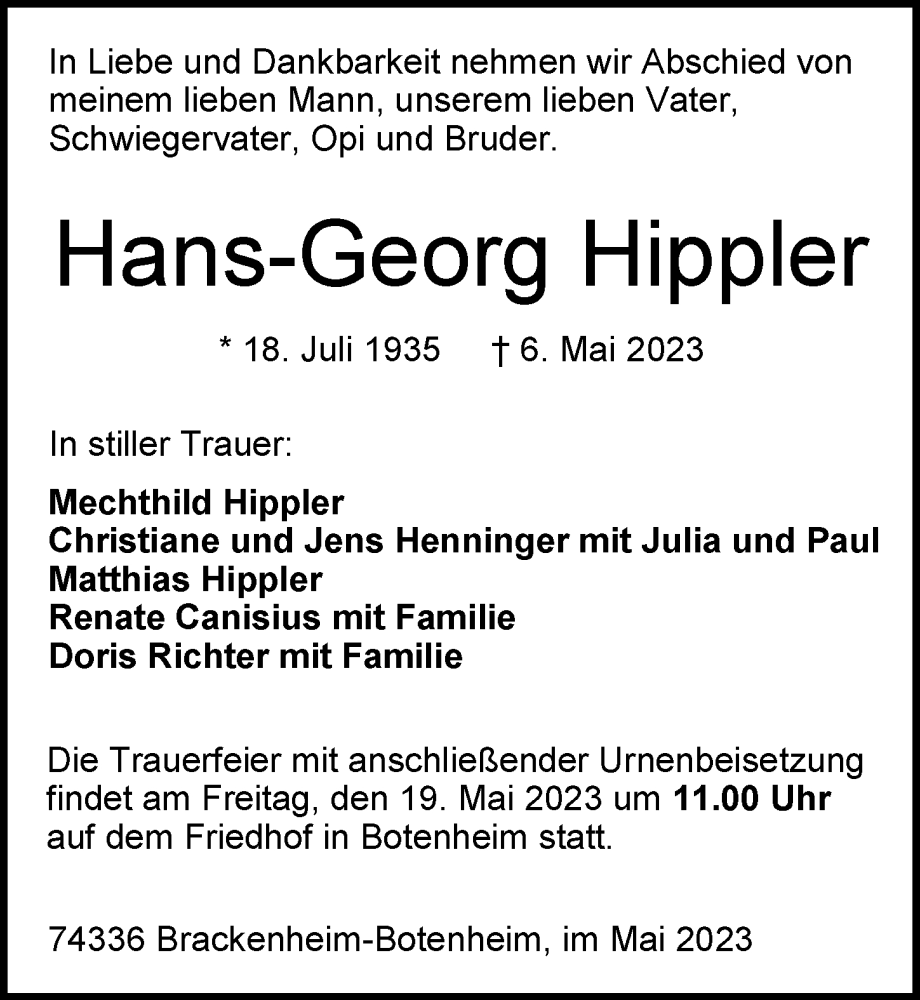 Traueranzeigen von Hans-Georg Hippler | www.trauerundgedenken.de