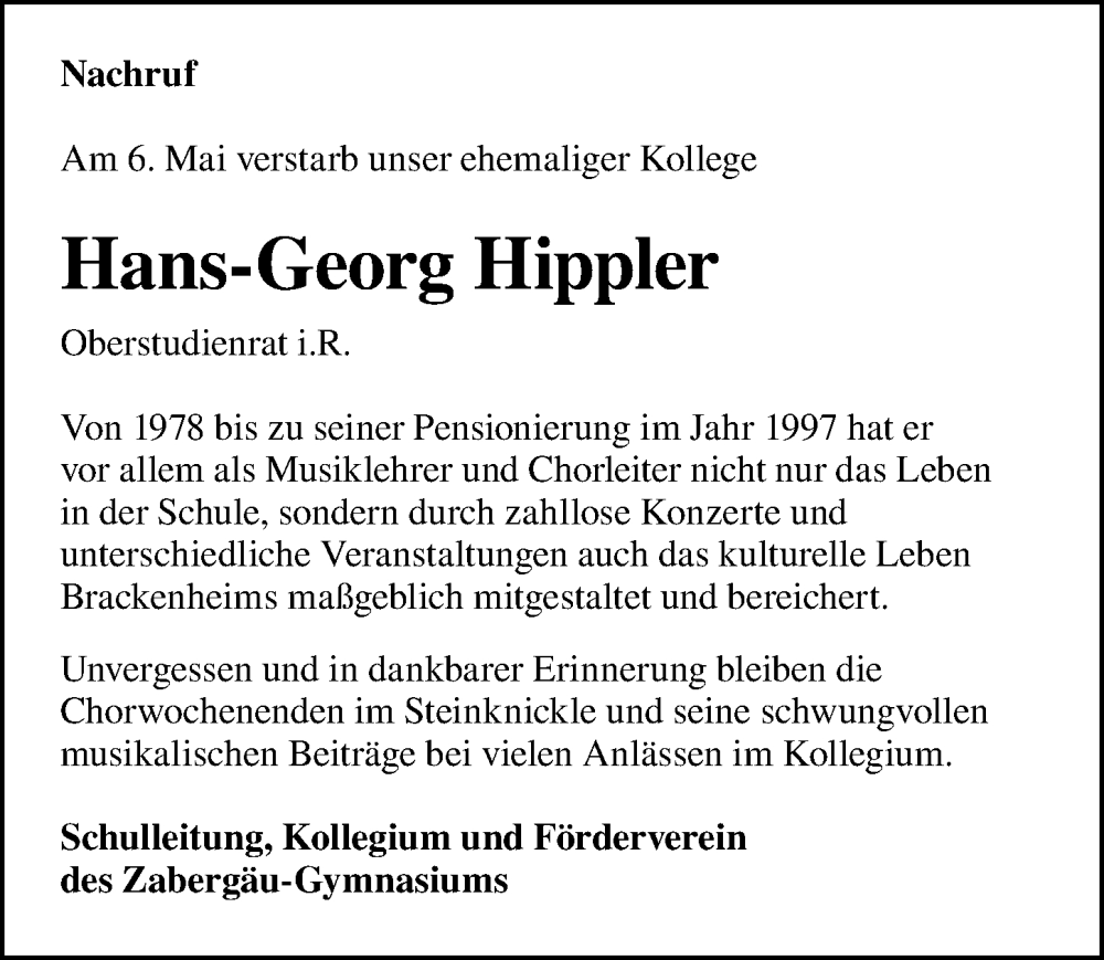 Traueranzeigen von Hans-Georg Hippler | www.trauerundgedenken.de