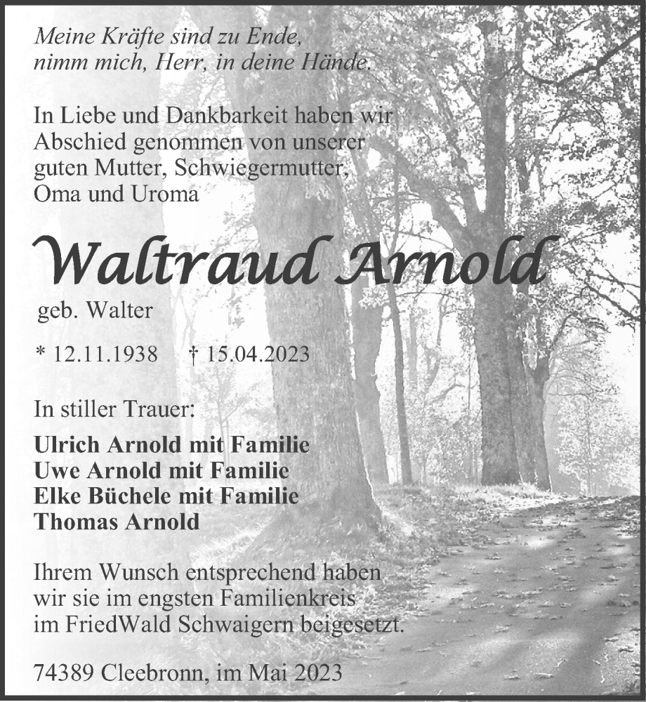 Traueranzeigen von Waltraud Arnold | www.trauerundgedenken.de