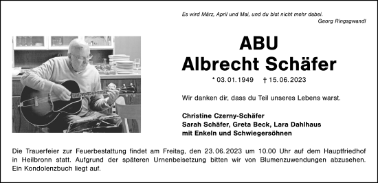 Traueranzeigen von Albrecht Schäfer | www.trauerundgedenken.de