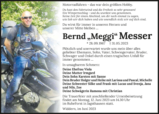 Traueranzeigen von Bernd „Meggi“ Messer | www.trauerundgedenken.de