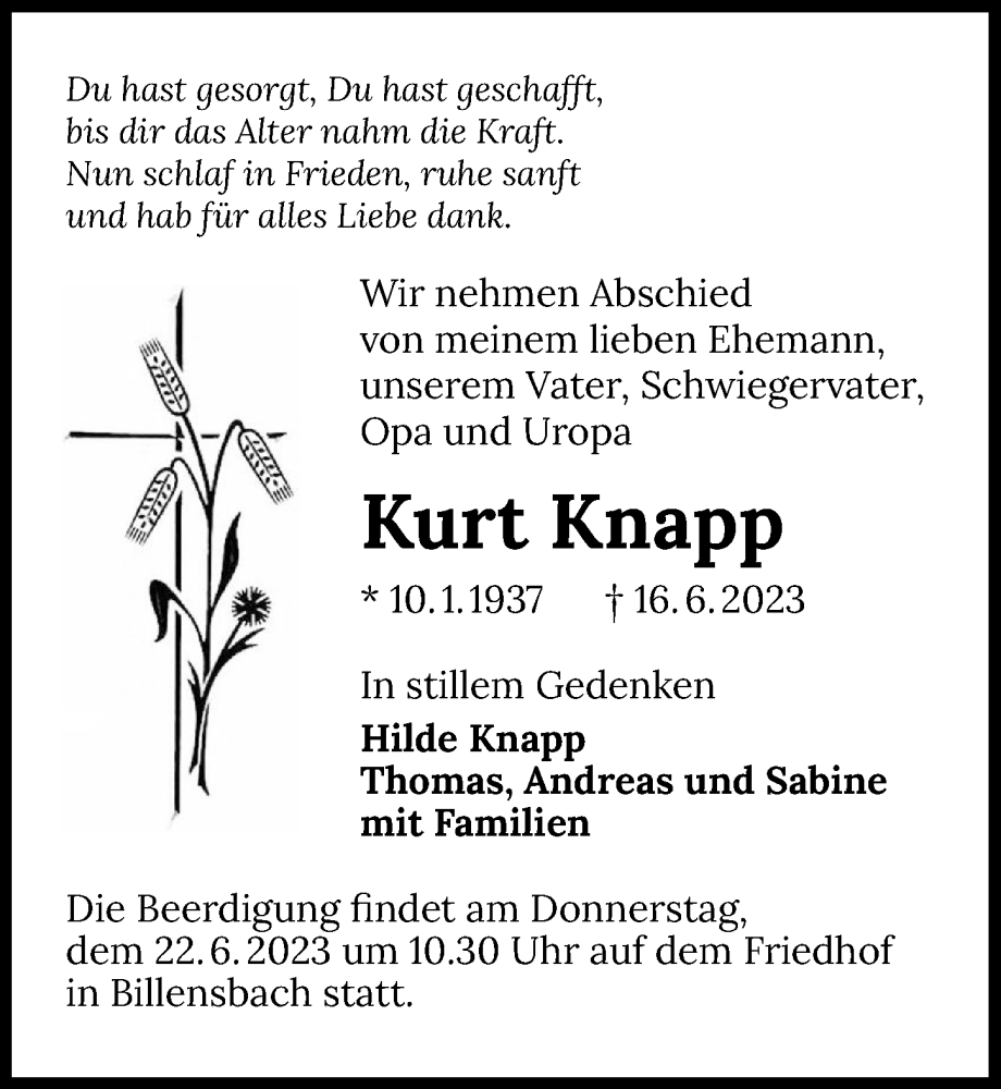 Traueranzeigen von Kurt Knapp | www.trauerundgedenken.de