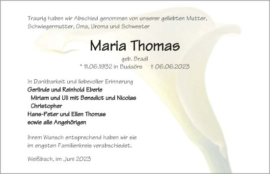 Traueranzeigen von Maria Thomas | www.trauerundgedenken.de