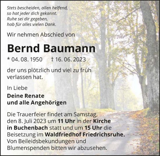 Traueranzeigen von Bernd Baumann | www.trauerundgedenken.de