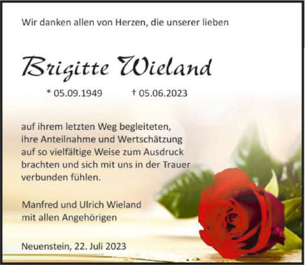 Traueranzeigen von Brigitte Wieland | www.trauerundgedenken.de