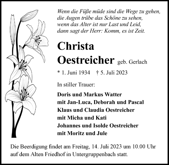 Traueranzeigen von Christa Oestreicher | www.trauerundgedenken.de