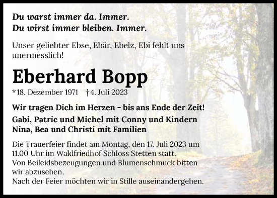 Traueranzeigen von Eberhard Bopp | www.trauerundgedenken.de