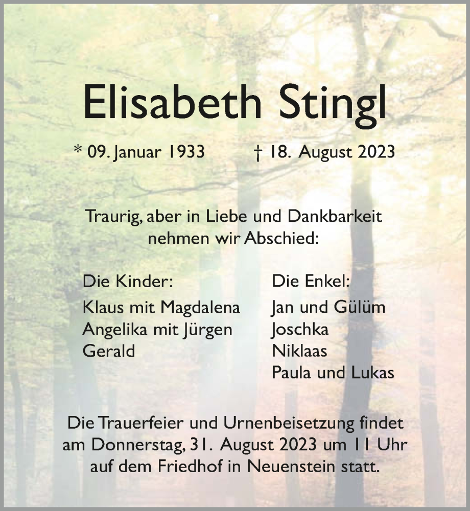 Traueranzeigen von Elisabeth Stingl | www.trauerundgedenken.de